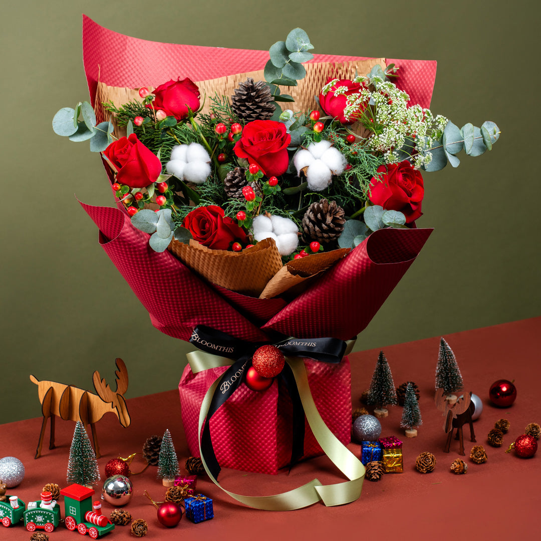 Christie Red Rose Christmas Bouquet | Free Delivery | Bloomthis
